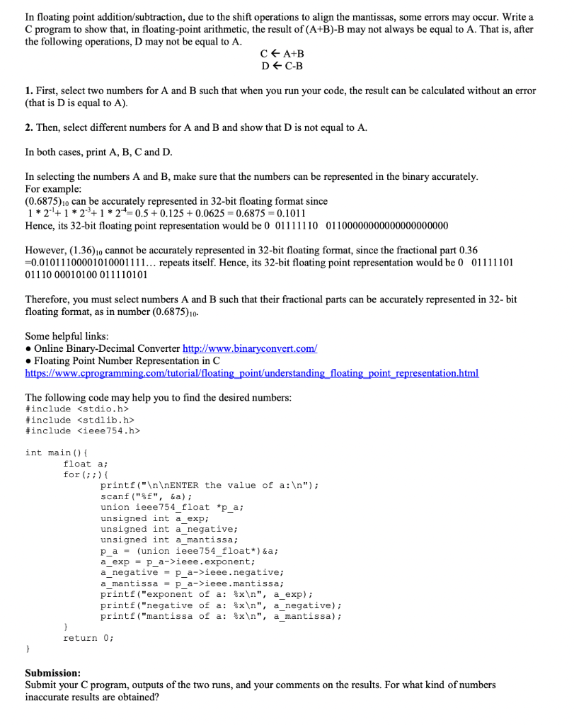 Solved In floating point addition/subtraction, due to the | Chegg.com