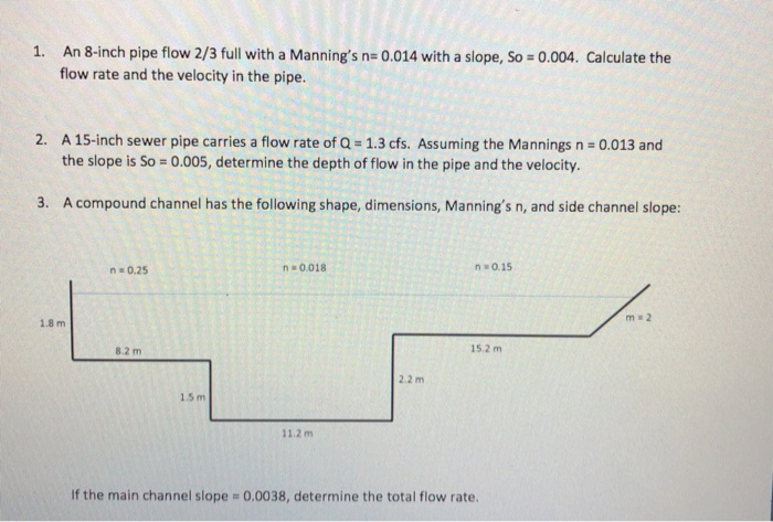 Solved 1. An 8-inch pipe flow 2/3 full with a Manning's n- | Chegg.com
