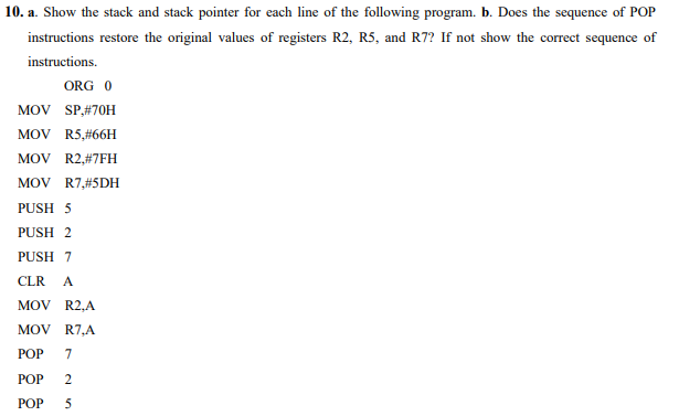 Solved 10. a. Show the stack and stack pointer for each line | Chegg.com