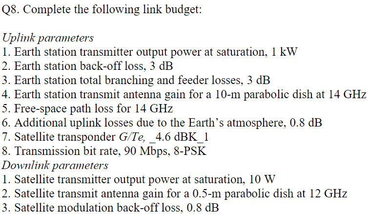 Solved Q8. Complete the following link budget: Uplink | Chegg.com
