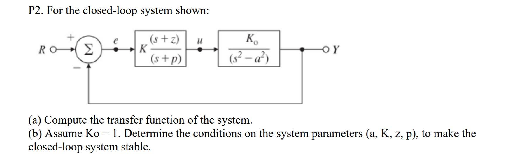 Solved P2. For the closed-loop system shown: + RO u (stz) K | Chegg.com