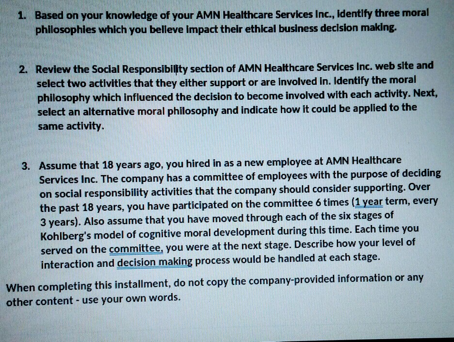 Solved Based on your knowledge of your AMN Healthcare | Chegg.com