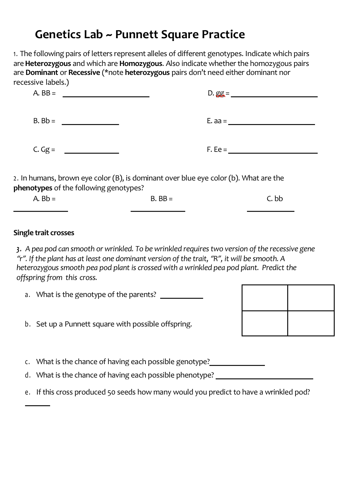 Solved Genetics Lab Punnett Square Practice 1. The following | Chegg.com