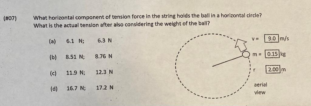 Solved (#07) What horizontal component of tension force in | Chegg.com