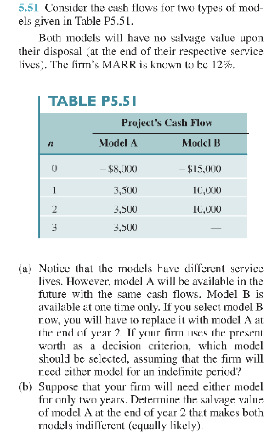 Solved 5.51 Consider the cash flows for two types of models | Chegg.com