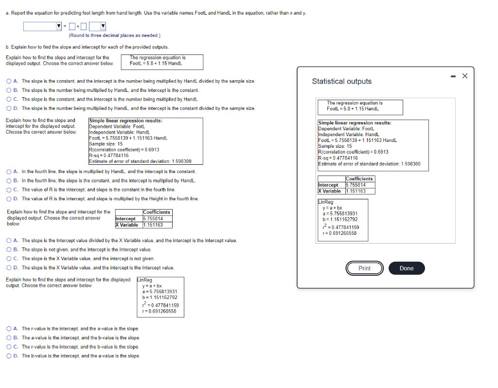 Solved a. Report the equation for predicting foot length | Chegg.com