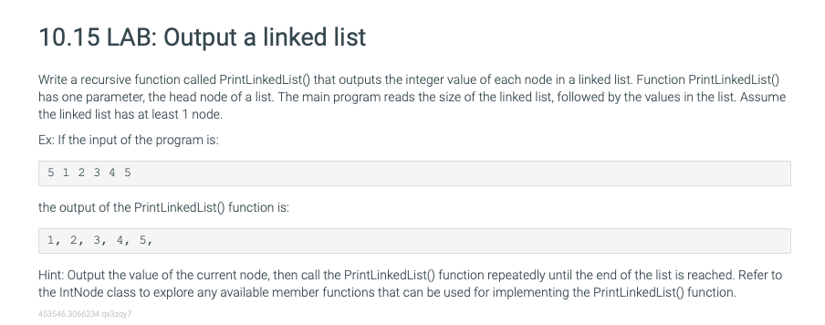 Solved 10.15 LAB: Output a linked list Write a recursive | Chegg.com