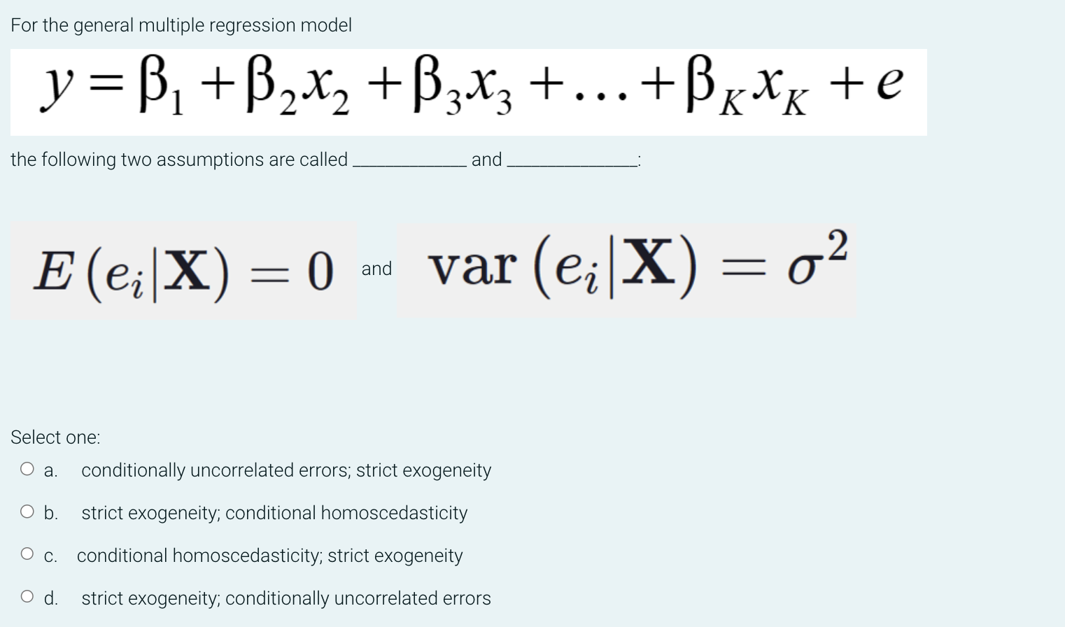 Solved y=β1+β2x2+β3x3+…+βKxK+e E(ei∣X)=0 and var(ei∣X)=σ2 | Chegg.com