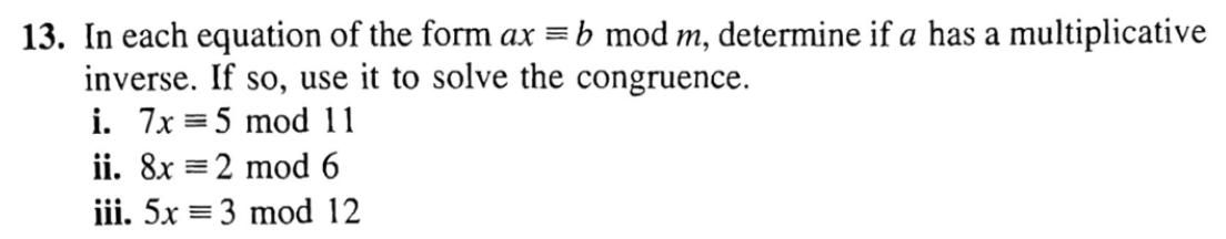 Solved 13. In each equation of the form ax = b mod m, | Chegg.com