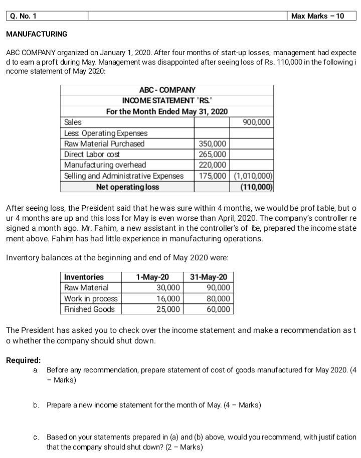 Solved Q. No. 1 Max Marks - 10 MANUFACTURING ABC COMPANY | Chegg.com Solved Q. No. 1 Max Marks - 10 MANUFACTURING ABC COMPANY | Chegg.com