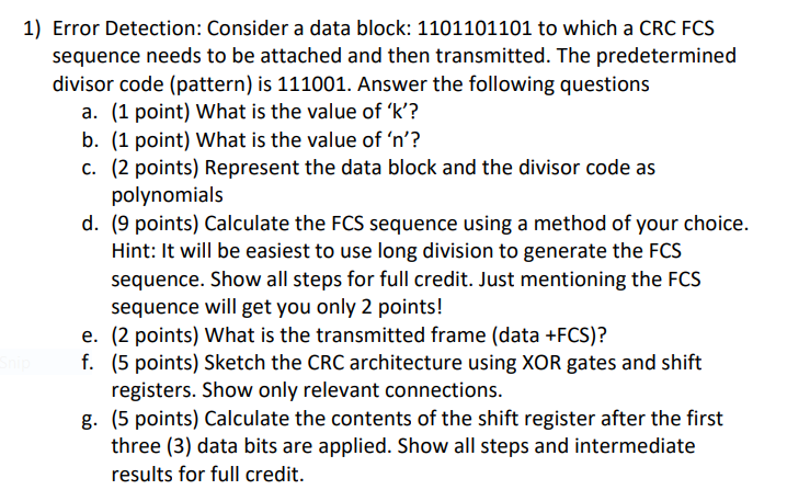 Solved 1) Error Detection: Consider a data block: 1101101101 | Chegg.com