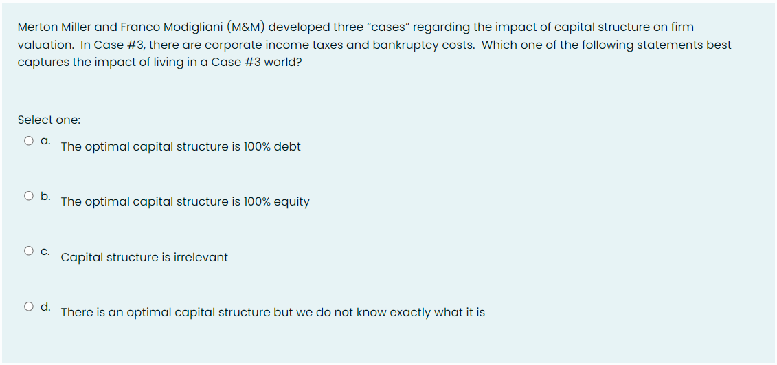 Solved Merton Miller and Franco Modigliani (M&M) developed | Chegg.com