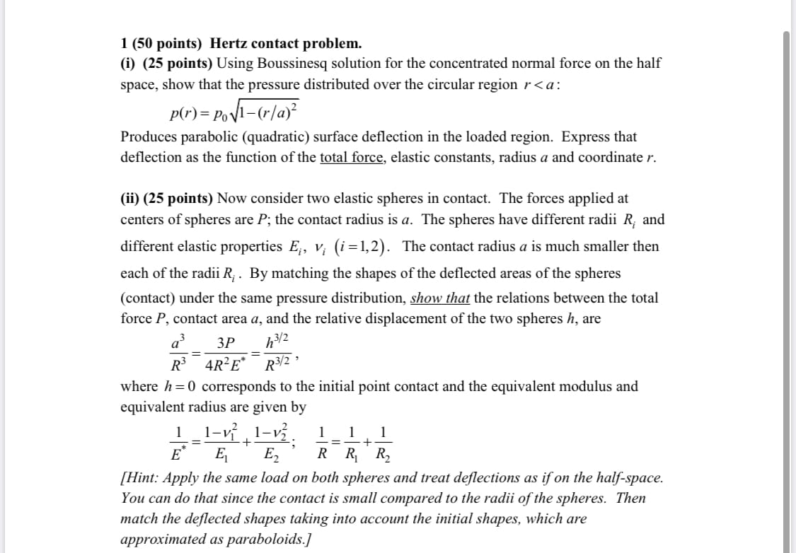 1 (50 points) Hertz contact problem (i) (25 points) | Chegg.com
