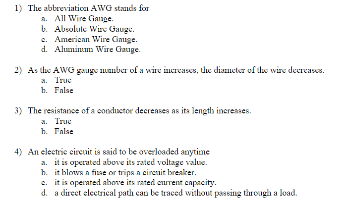 Solved 1) The abbreviation AWG stands for a. All Wire Gauge. | Chegg.com