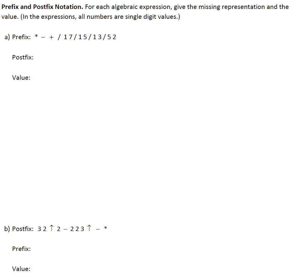 Solved Prefix and Postfix Notation. For each algebraic | Chegg.com