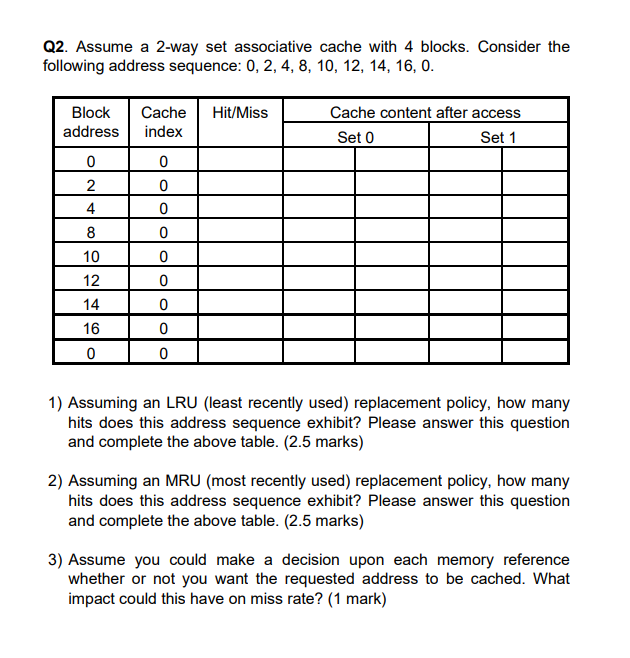 Solved Q2. Assume a 2-way set associative cache with 4 | Chegg.com