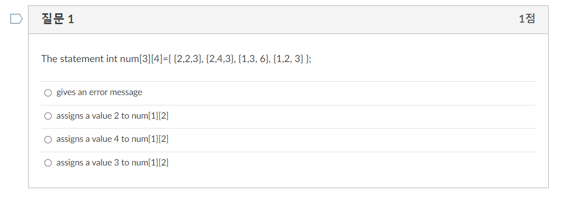 Solved 질문1 1점 The statement int num[3][4]={ {2,2,3}, | Chegg.com