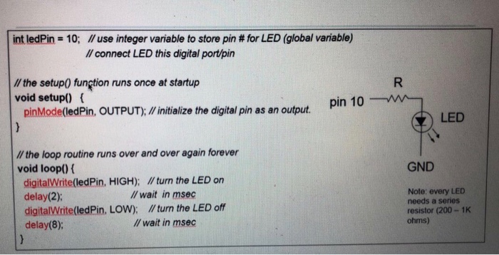 Solved //use integer variable to store pin # for LED (global | Chegg.com