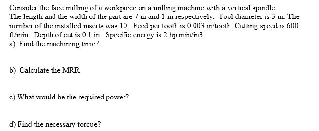 Solved Consider the face milling of a workpiece on a milling | Chegg.com