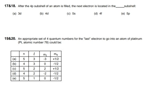 Solved 17&18. After the 4p subshell of an atom is filled, | Chegg.com
