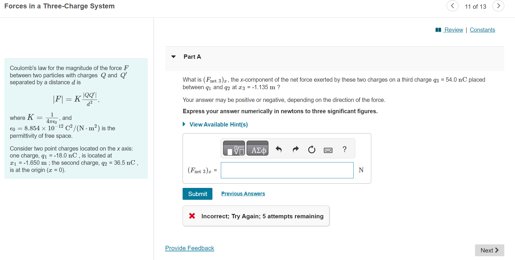 Solved Forces in a Three-Charge System 11 of 13 Part A | Chegg.com