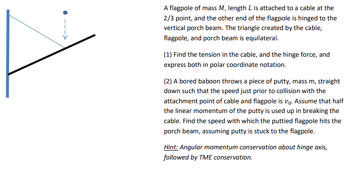 Solved A flagpole of mass M, length L is attached to a cable | Chegg.com