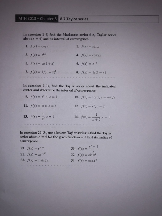 MTH 3013- Chapter 8 8.7 Taylor series In exercises | Chegg.com