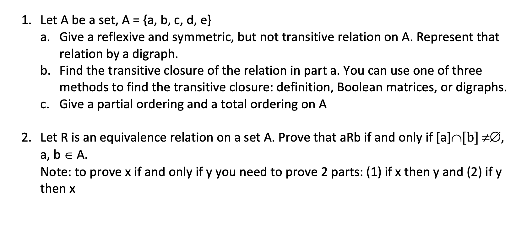 Solved 1. Let A be a set, A = {a, b, c, d, e} a. Give a | Chegg.com