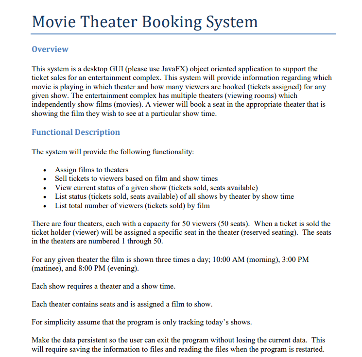 Movie Theater Booking System Overview This system is | Chegg.com