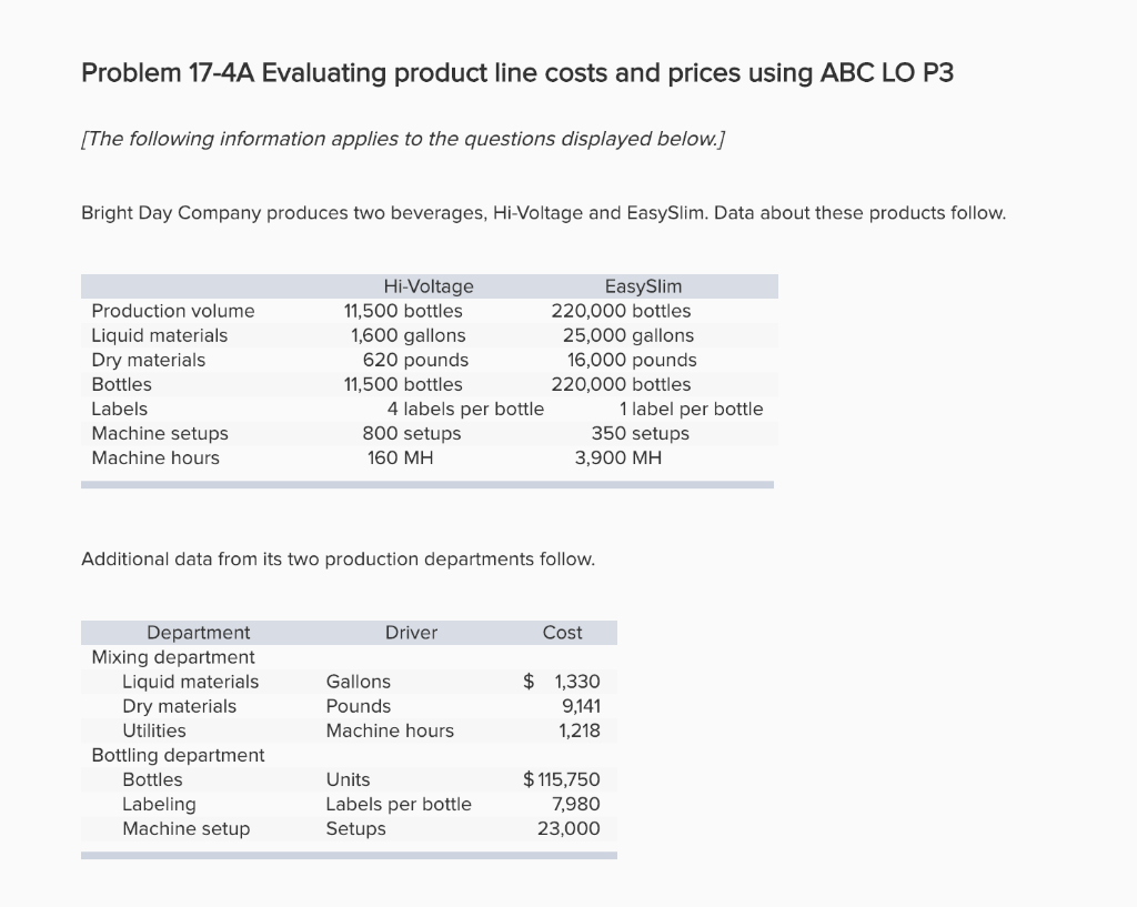 Solved Problem 17-4A Evaluating product line costs and | Chegg.com