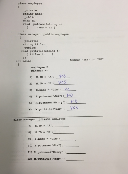 Solved Class employee {private: string name; public: char | Chegg.com