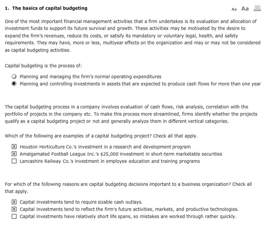 Solved 1. The basics of capital budgeting Aa Aa One of the | Chegg.com