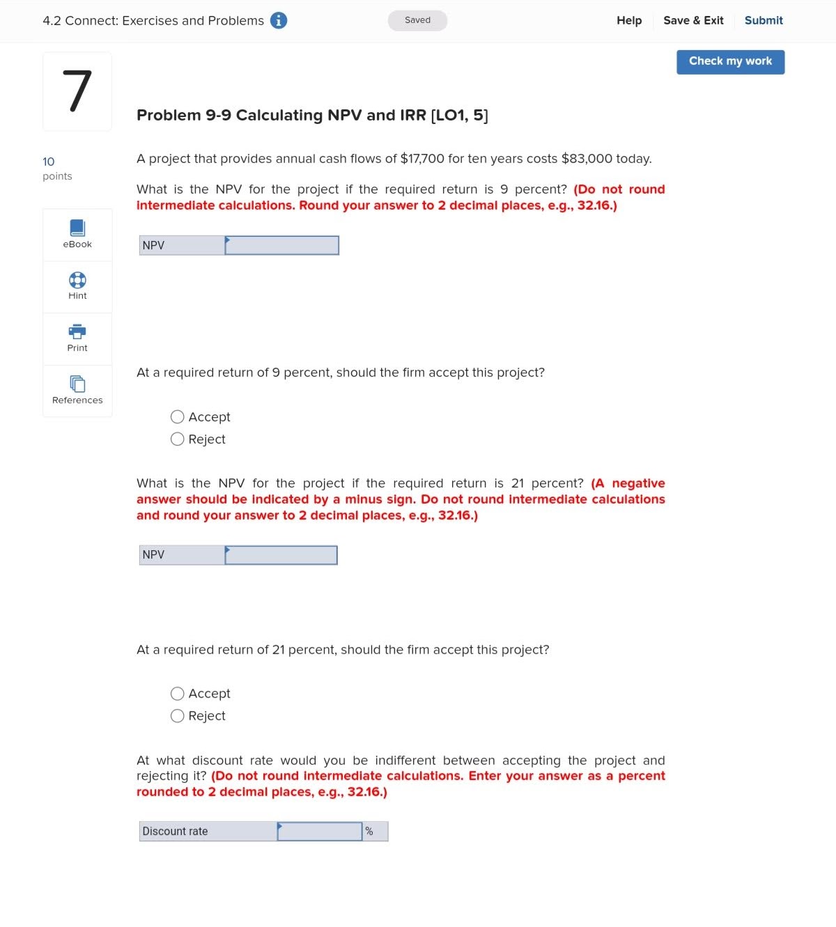 Solved Problem 9-9 ﻿Calculating NPV and IRR [LO1, 5]A | Chegg.com