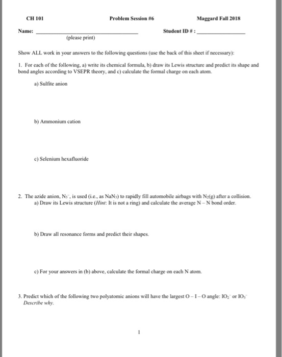 Solved CH 101 Problem Session #6 Maggard Fall 2018 Name: | Chegg.com