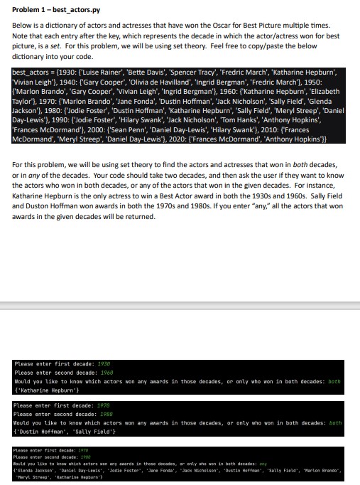Solved Problem 1 - best_actors.py Below is a dictionary of | Chegg.com