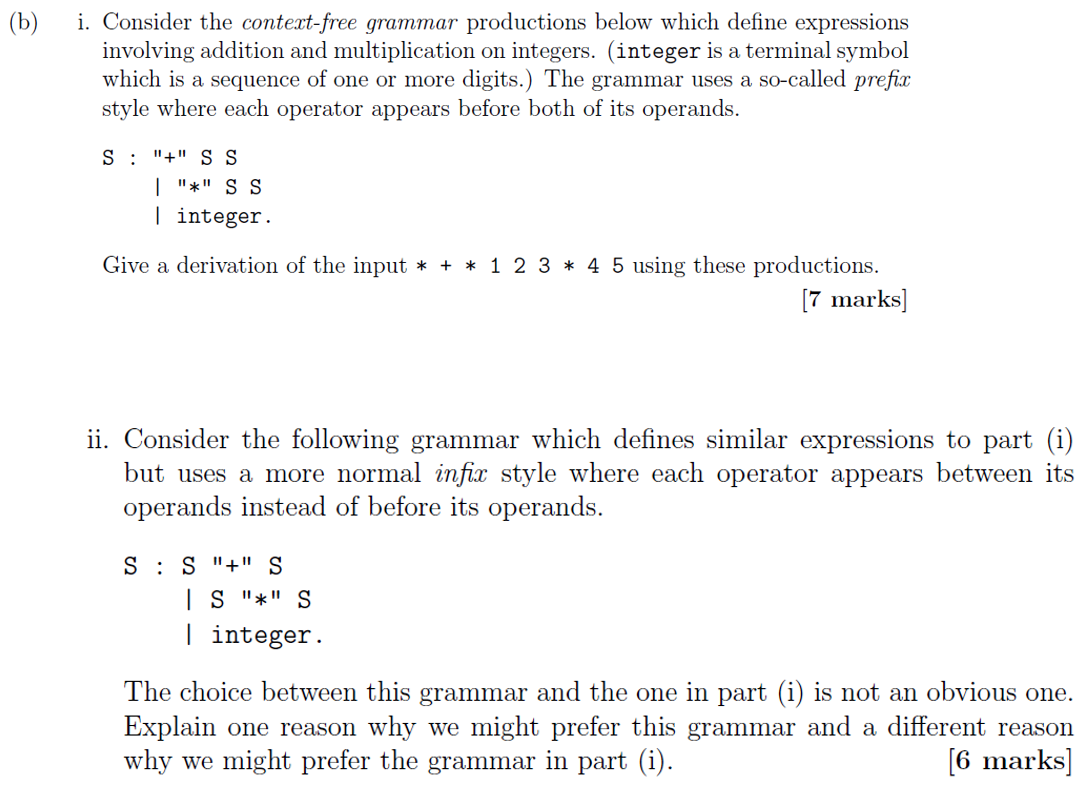 Solved (b) i. Consider the context-free grammar productions | Chegg.com