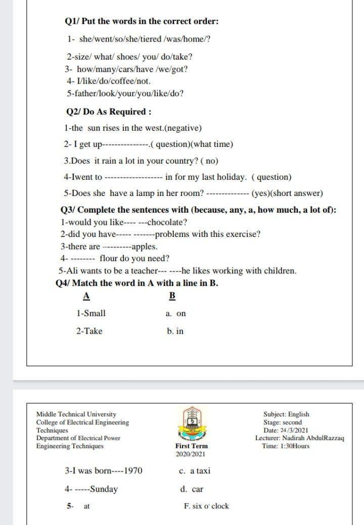 Solved Q1/ Put the words in the correct order: 1- | Chegg.com