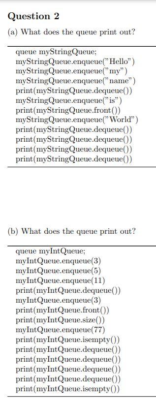 Solved Question 2 (a) What does the queue print out? queue | Chegg.com
