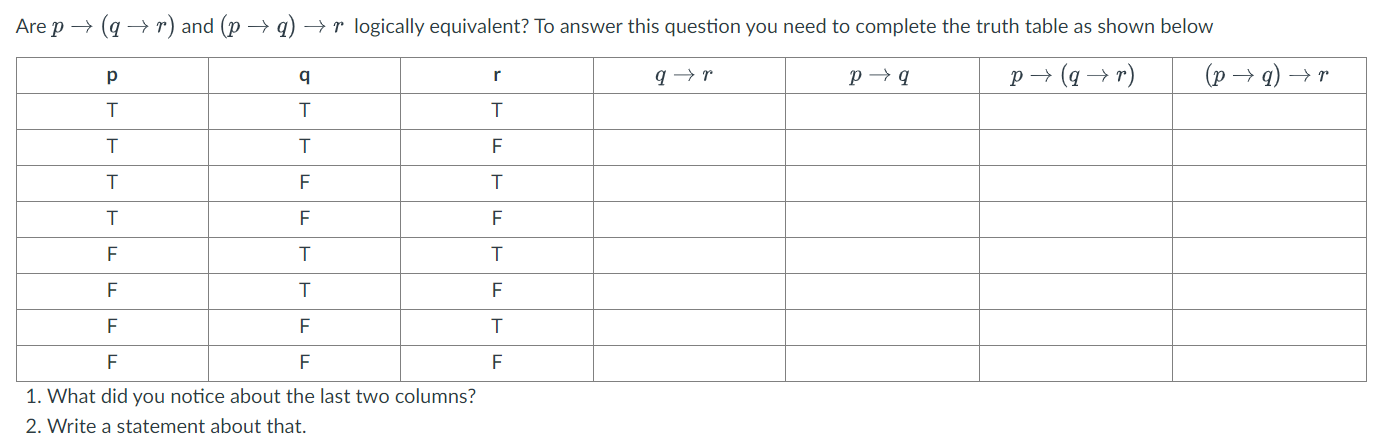 Solved Are p→(q→r) and (p→q)→r logically equivalent? To | Chegg.com