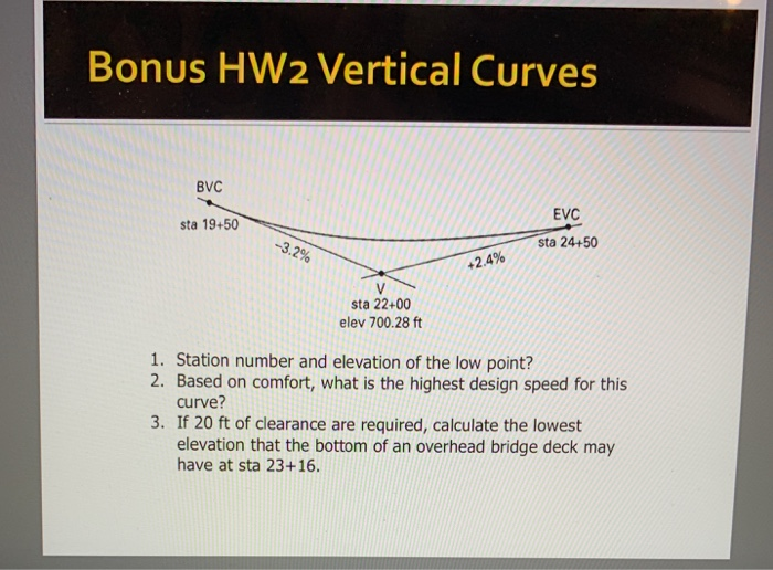 Solved Bonus HW2 Vertical Curves BVC EVC sta 19+50 sta 24+50 | Chegg.com