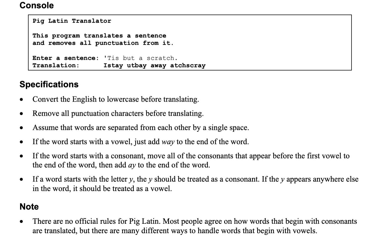 Solved Console Pig Latin Translator This program translates | Chegg.com