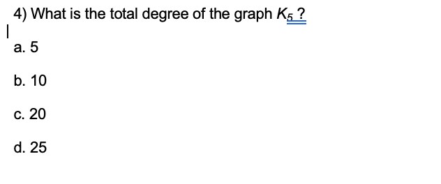 Solved 4) What is the total degree of the graph Kg ? a. 5 é | Chegg.com
