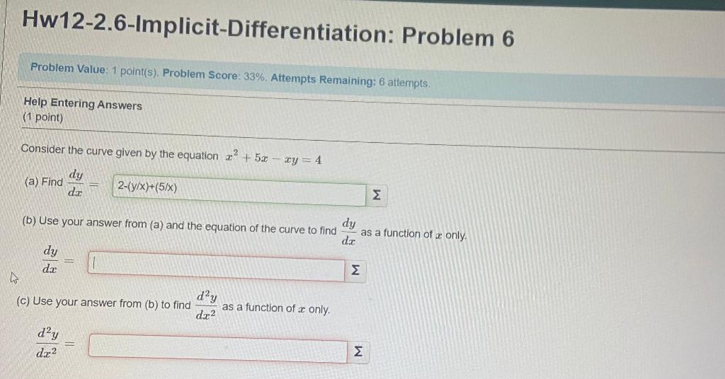 Solved Hw12-2.6-Implicit-Differentiation: Problem 6 Problem | Chegg.com