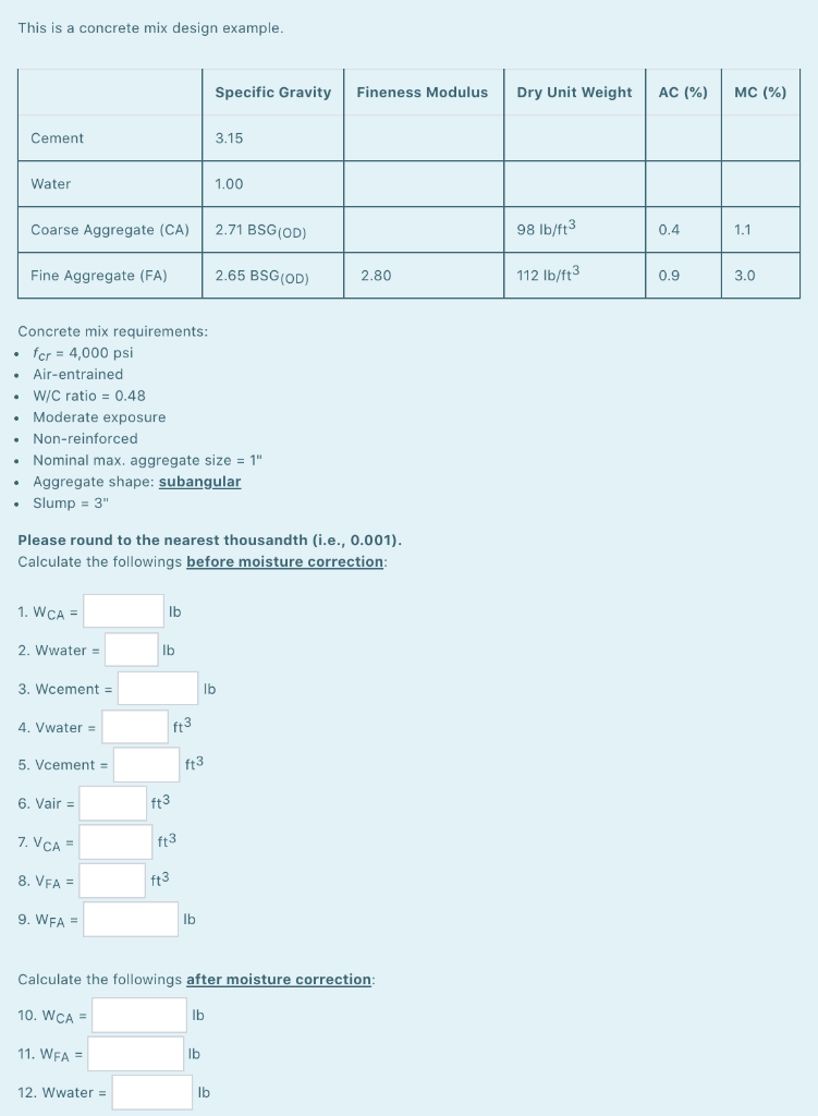 Solved This is a concrete mix design example. Specific | Chegg.com