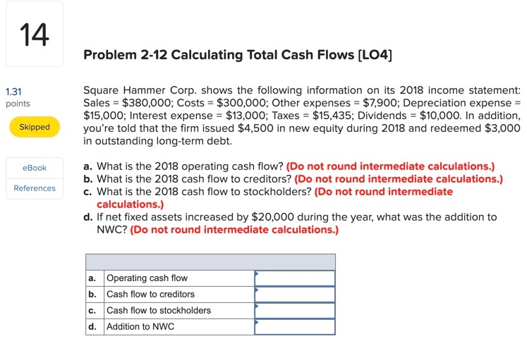 Solved 14 Problem 2-12 Calculating Total Cash Flows [LO4] | Chegg.com