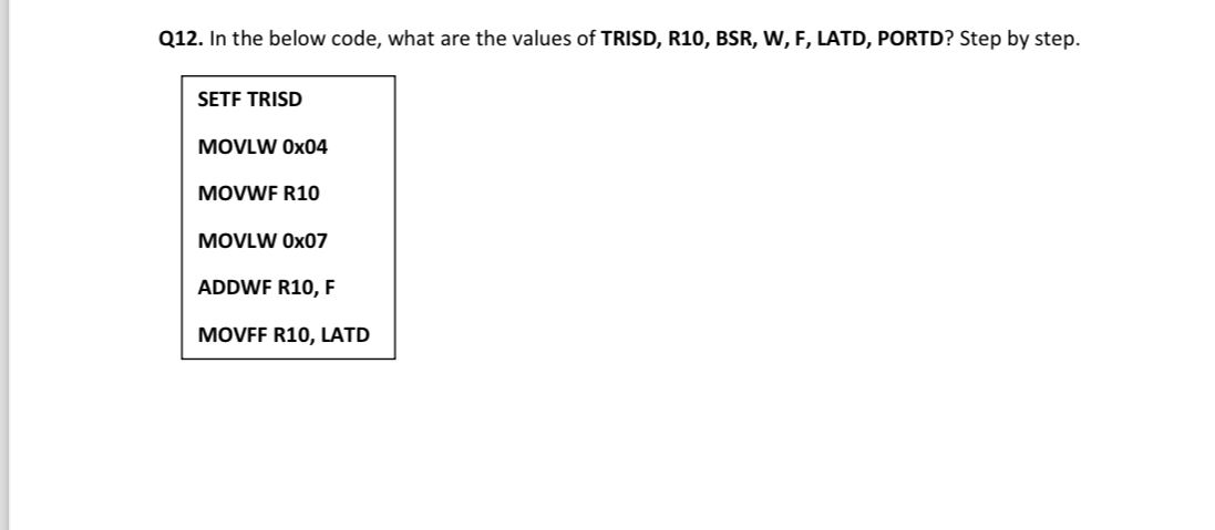 Solved Q12. In the below code, what are the values of TRISD, | Chegg.com