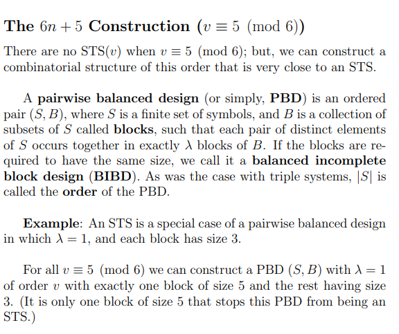 Solved The 6n+5 Construction (v≡5(mod6)) There are no STS(v) | Chegg.com