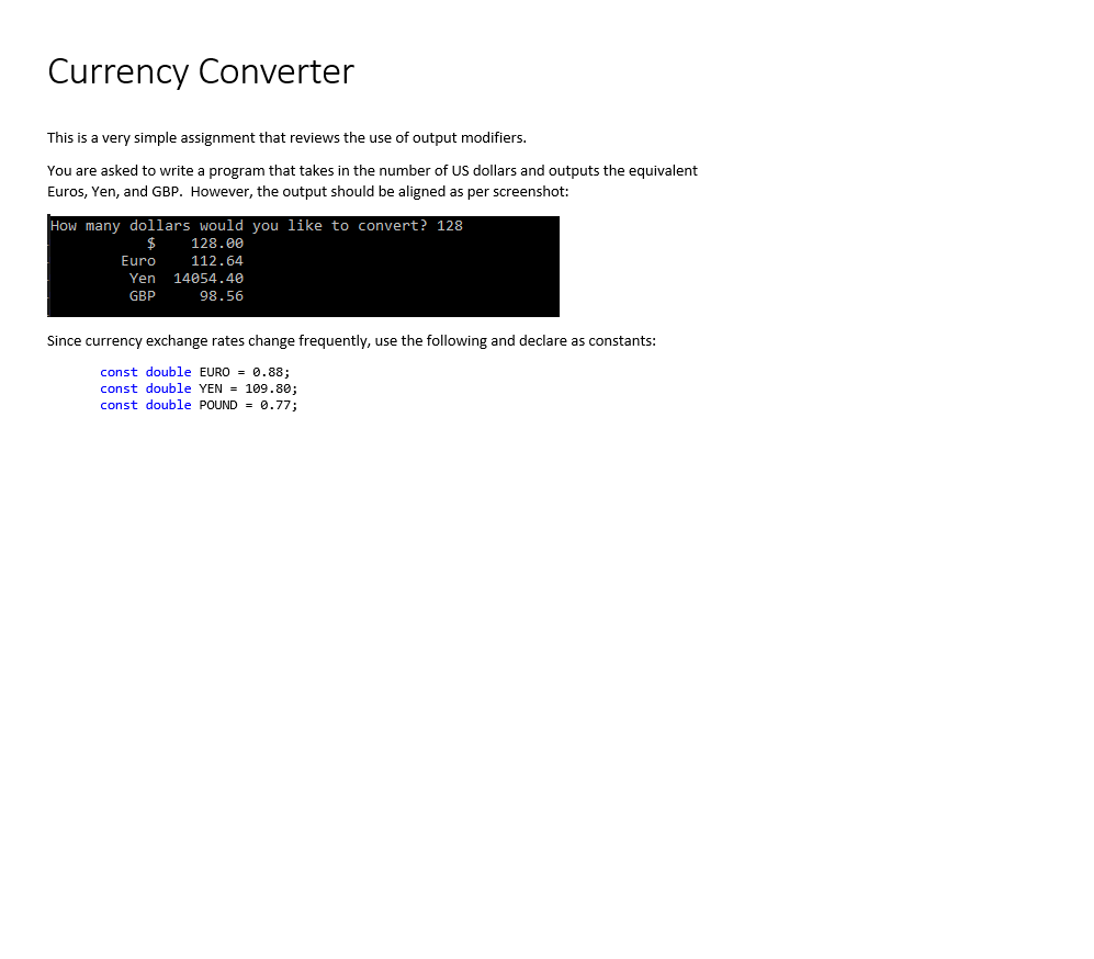 Solved Currency Converter This is a very simple assignment | Chegg.com