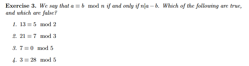 Solved Exercise 3. We say that a = b mod n if and only if | Chegg.com