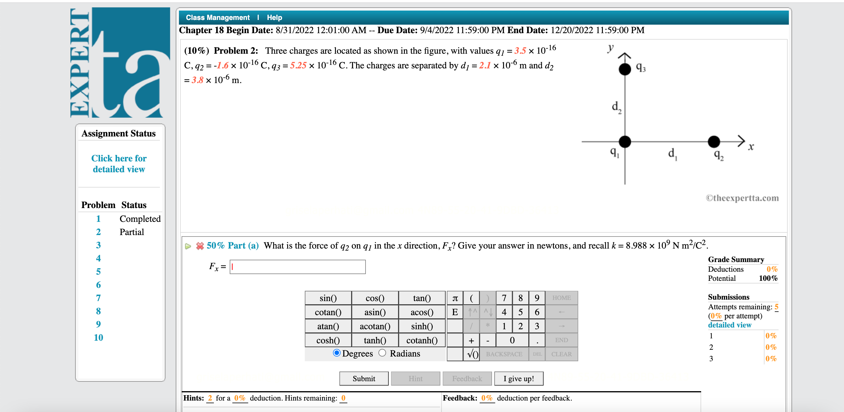 Solved (10\%) Problem 2: Three charges are located as shown | Chegg.com